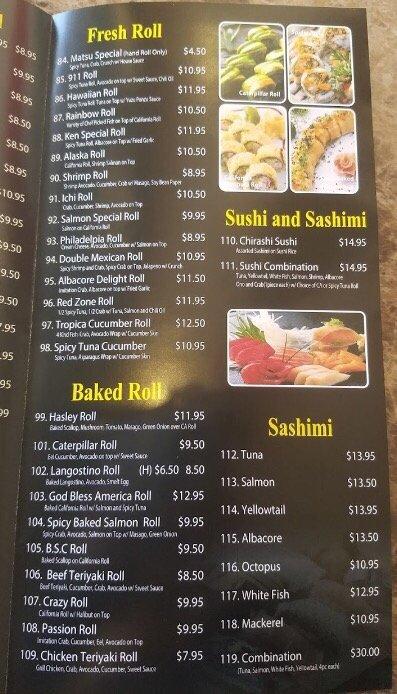 Menu at Matsu Sushi restaurant, Castaic