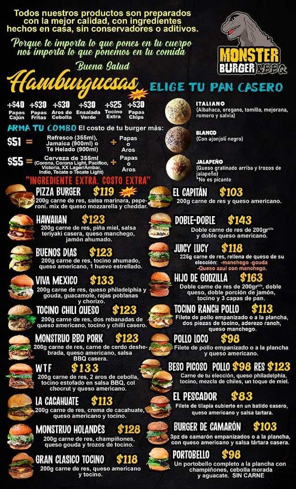 Menu at Monster Burger BBQ, Manzanillo, Av Elías Zamora 2119