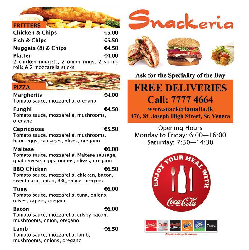 Menu at Snackeria Malta restaurant, Sutorina