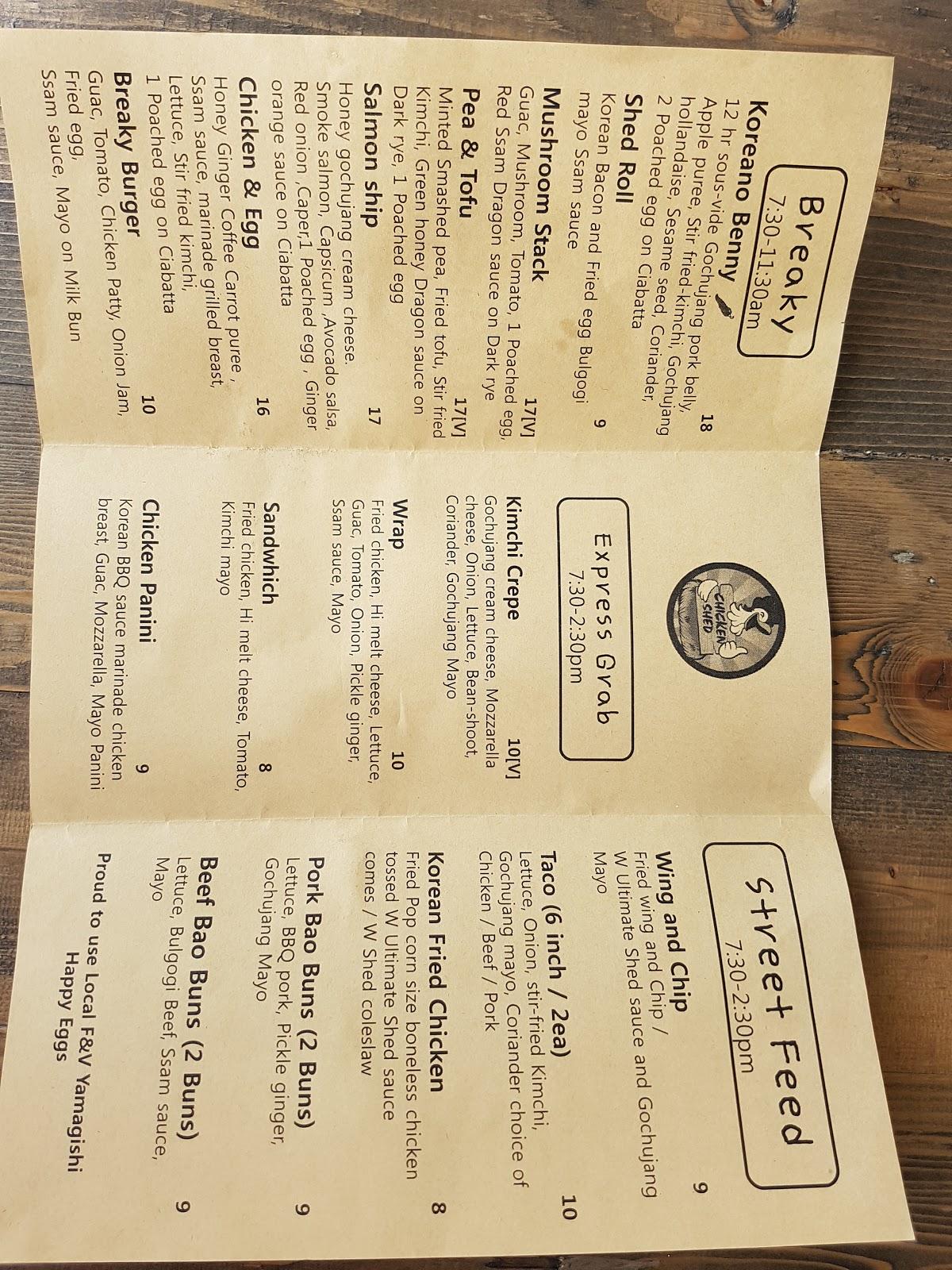 Menu at The Chicken Shed (Cairns City) cafe, Cairns