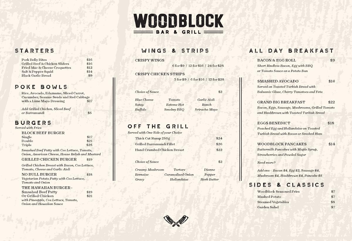Menu at Woodblock Bar & Grill, Wyong