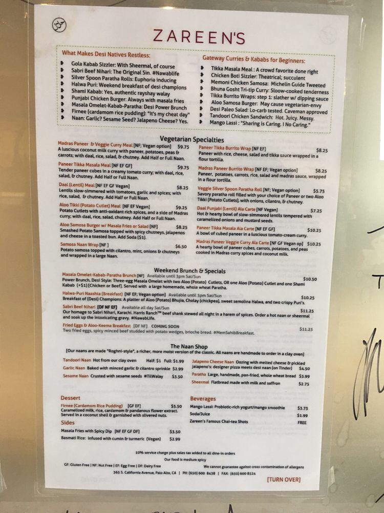 Menu at Zareen's Palo Alto restaurant, Palo Alto