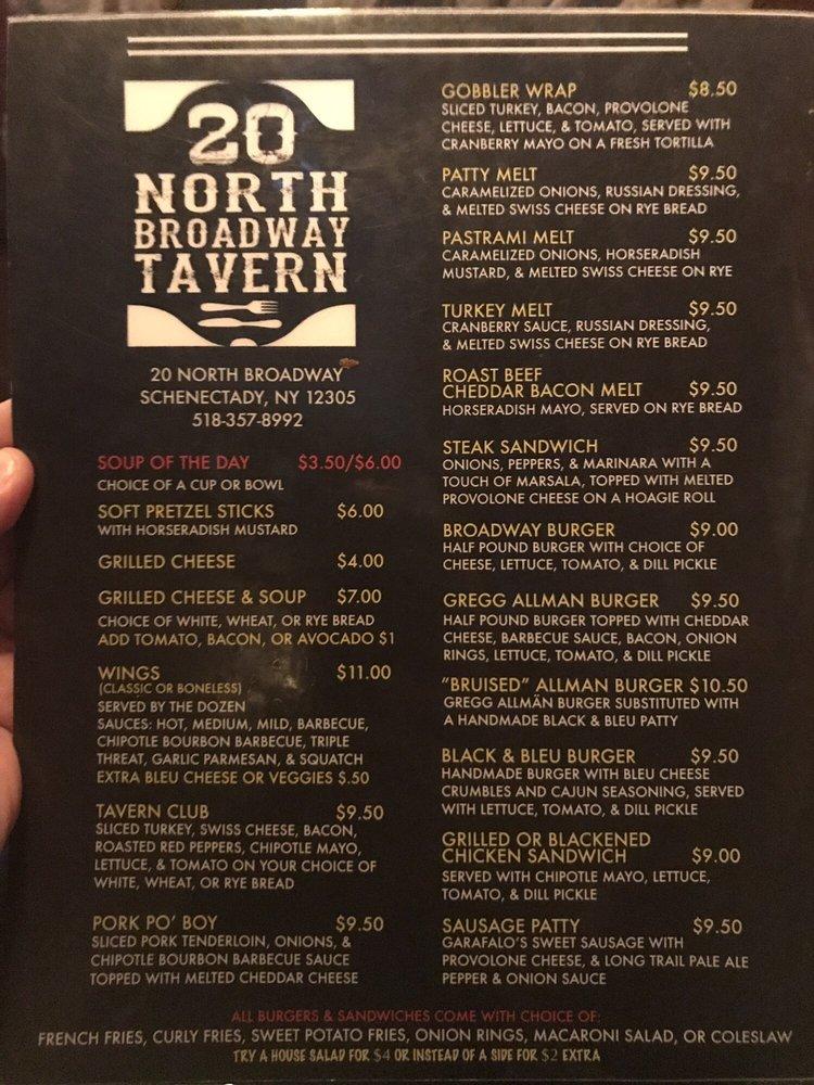 Menu at 20 North Broadway Tavern pub & bar, Schenectady