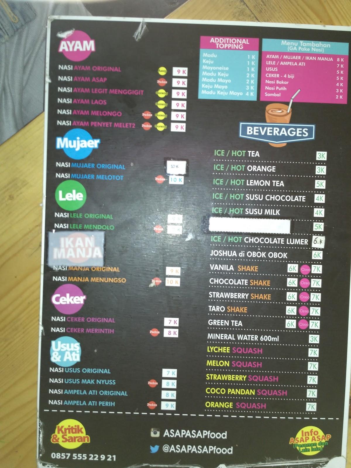 Menu at Asap Asap restaurant, Malang, Jl. Raya Tlogomas No.8