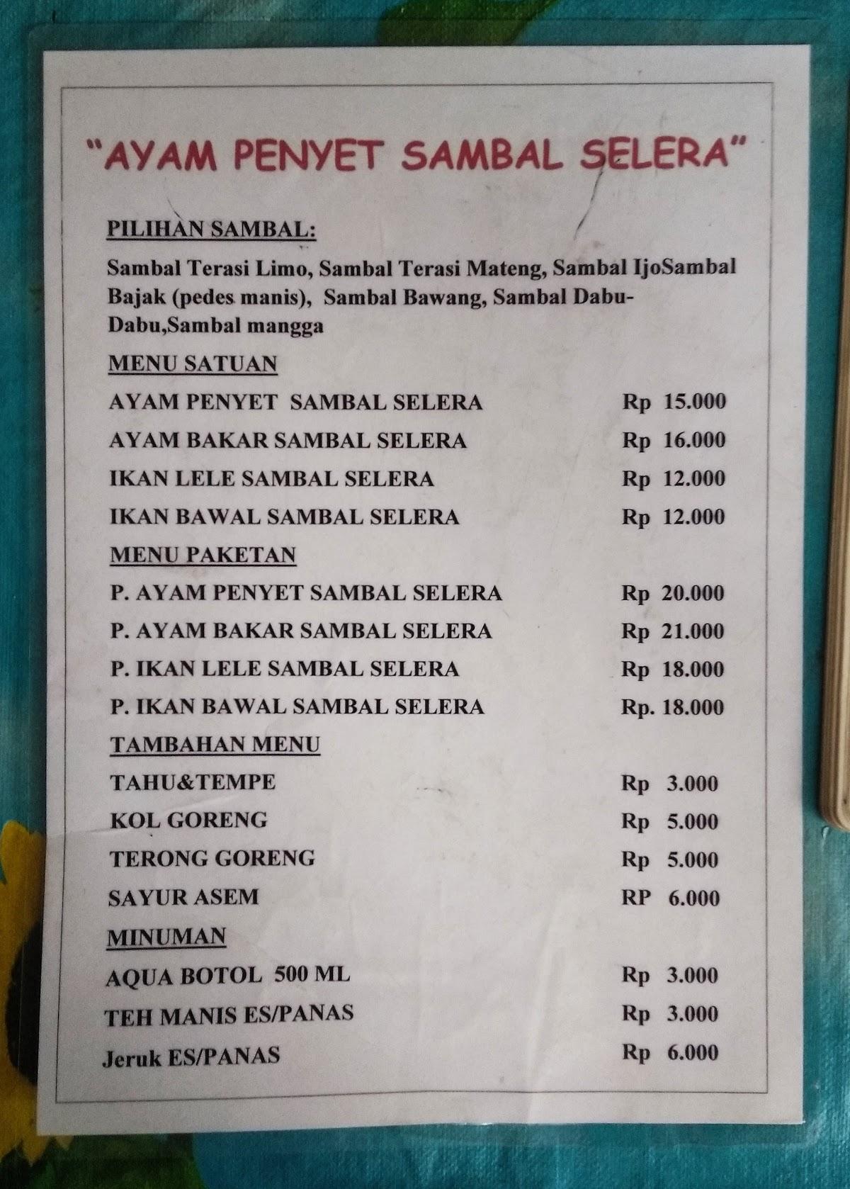 Menu at Ayam Penyet Sambal Selera restaurant, South Jakarta