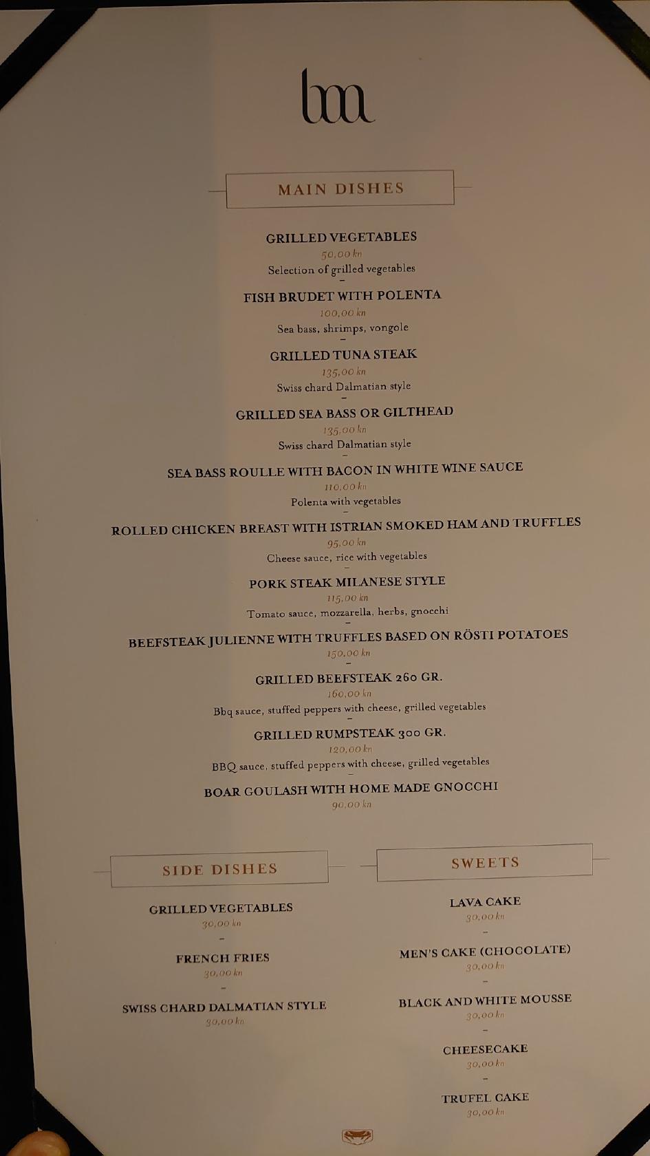 Menu at Boa Restaurant, Rovinj