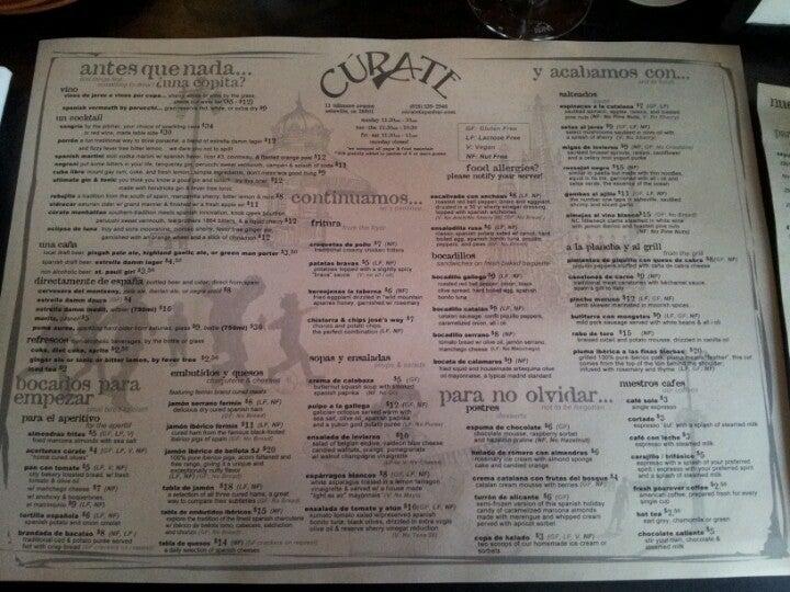 Menu at Cúrate pub & bar, Asheville