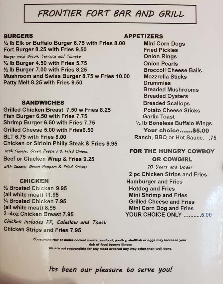 Menu at Frontier Fort Camp Ground Bar & Grill & Gift Shop, Jamestown