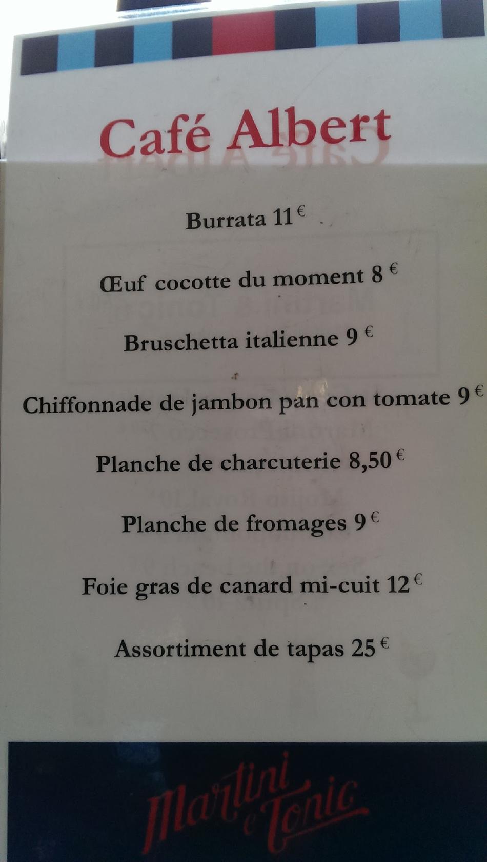 Menu au Café Albert, Toulouse, 15 Pl. du Capitole
