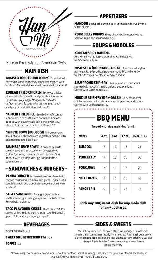 Menu at Han-Mi restaurant, Chattanooga