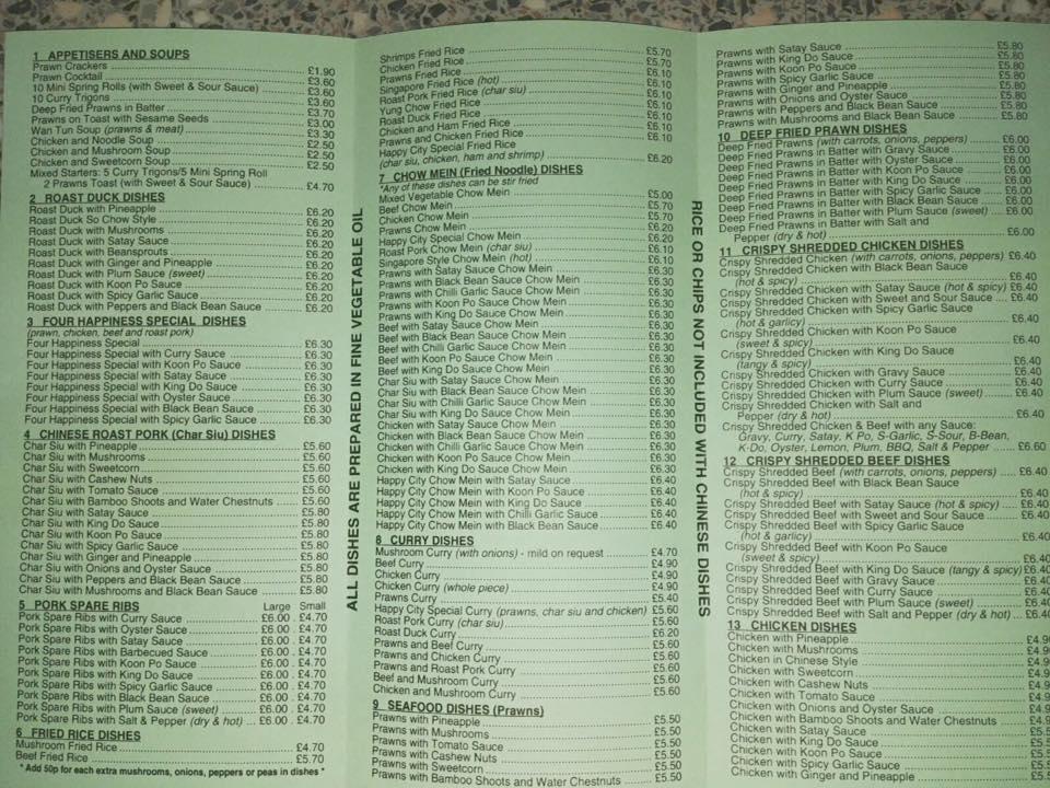Menu at Happy City fast food, Elgin