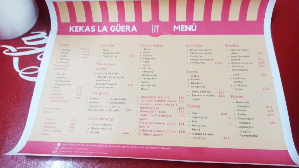 Carta del restaurante kekas la guera, Pachuca del Soto