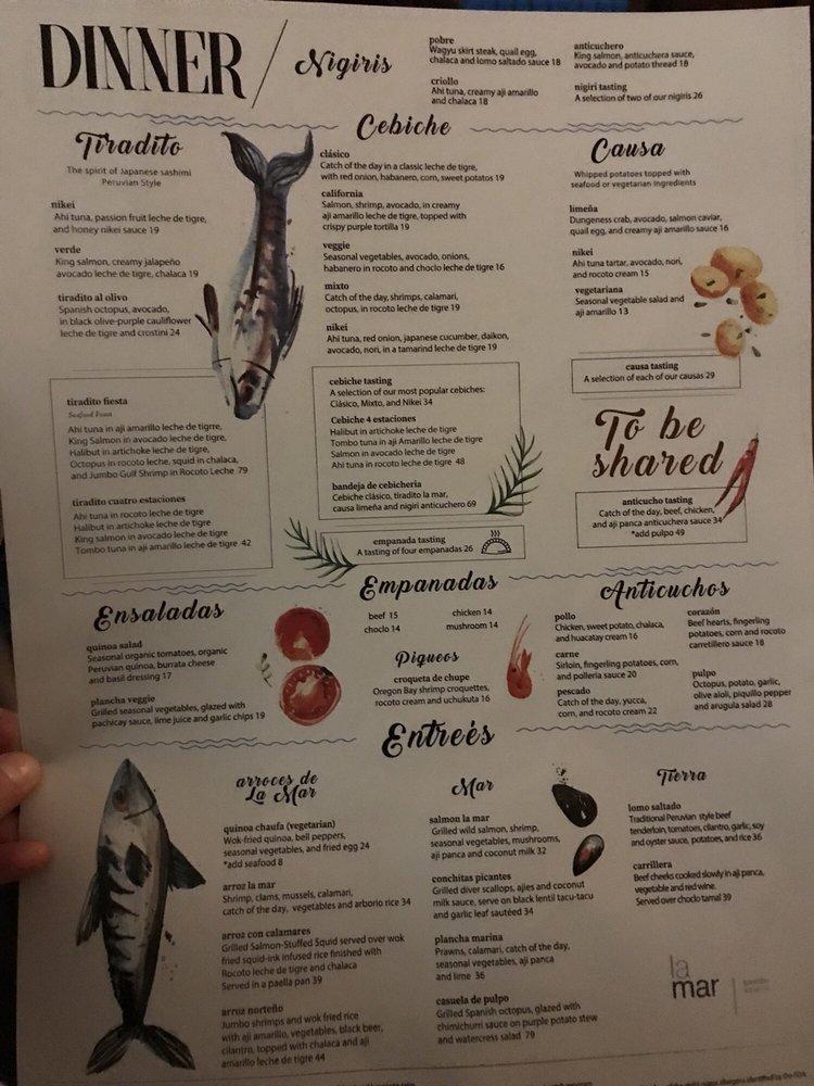 Menu at La Mar Cocina Peruana restaurant, San Francisco