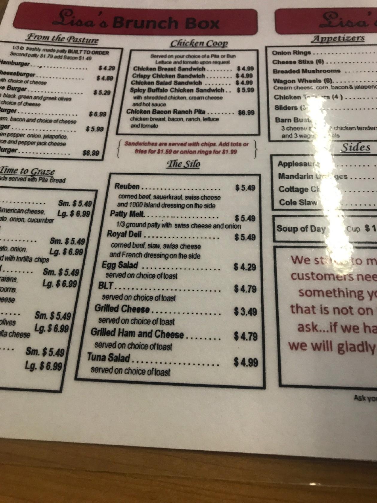 Menu at Lisa's Brunch Box restaurant, Blissfield