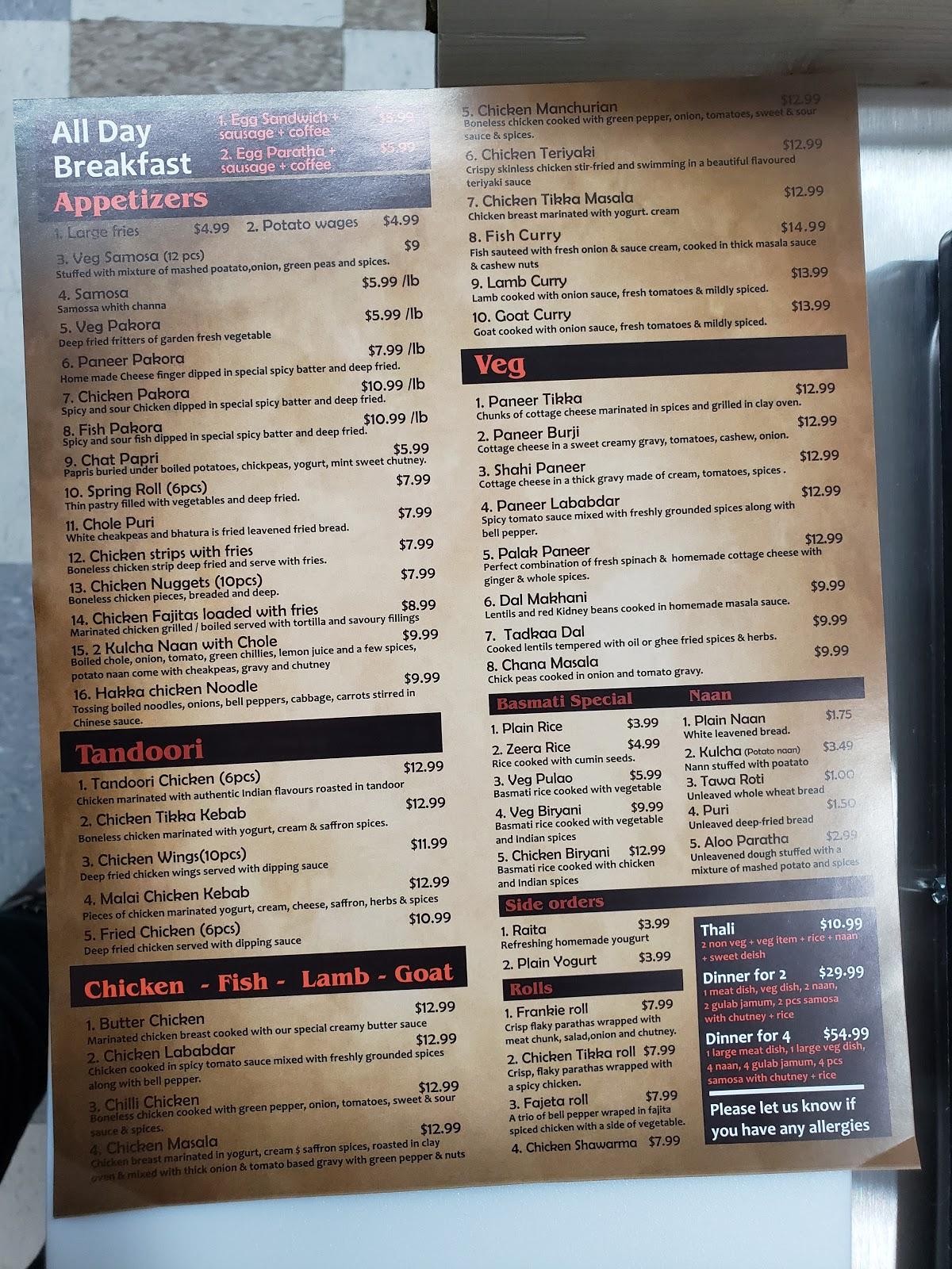 Menu at Paul Indian masala curry takeout restaurant, Regina