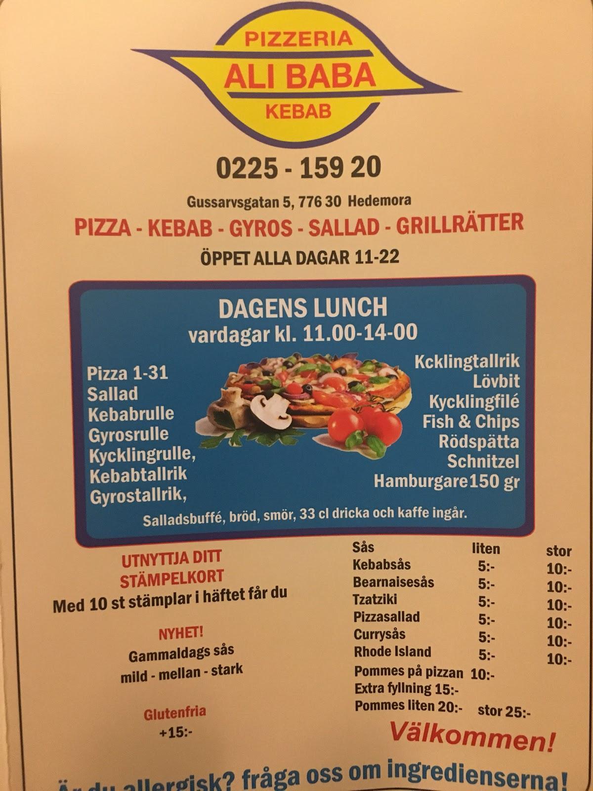 Menu at Pizzeria Alibaba, Hedemora
