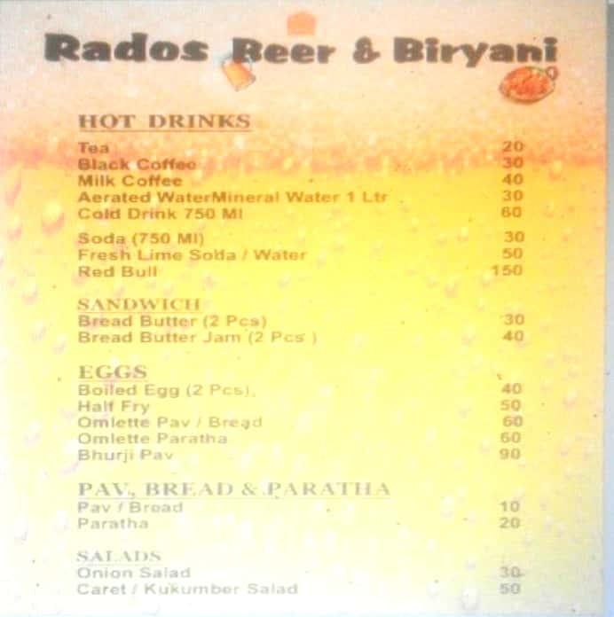 Menu at Rados Beer & Biryani, Arpora