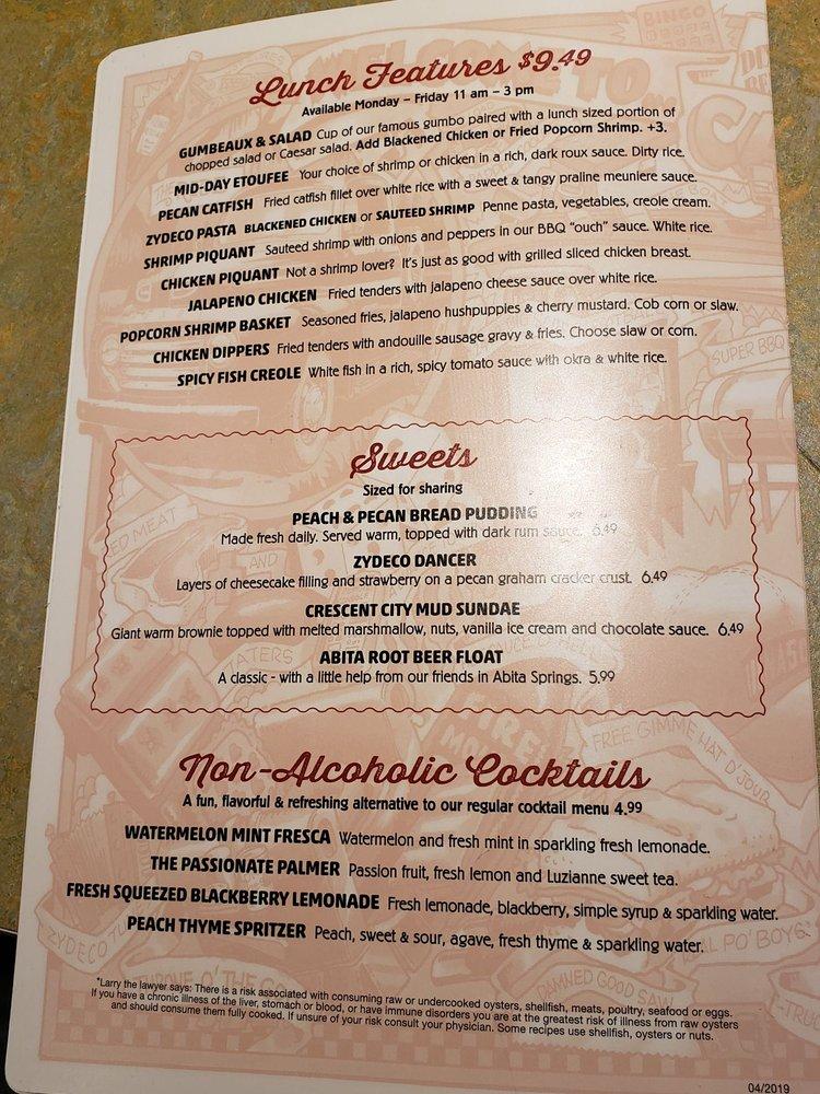 Menu at Razzoo's Cajun Cafe, Round Rock