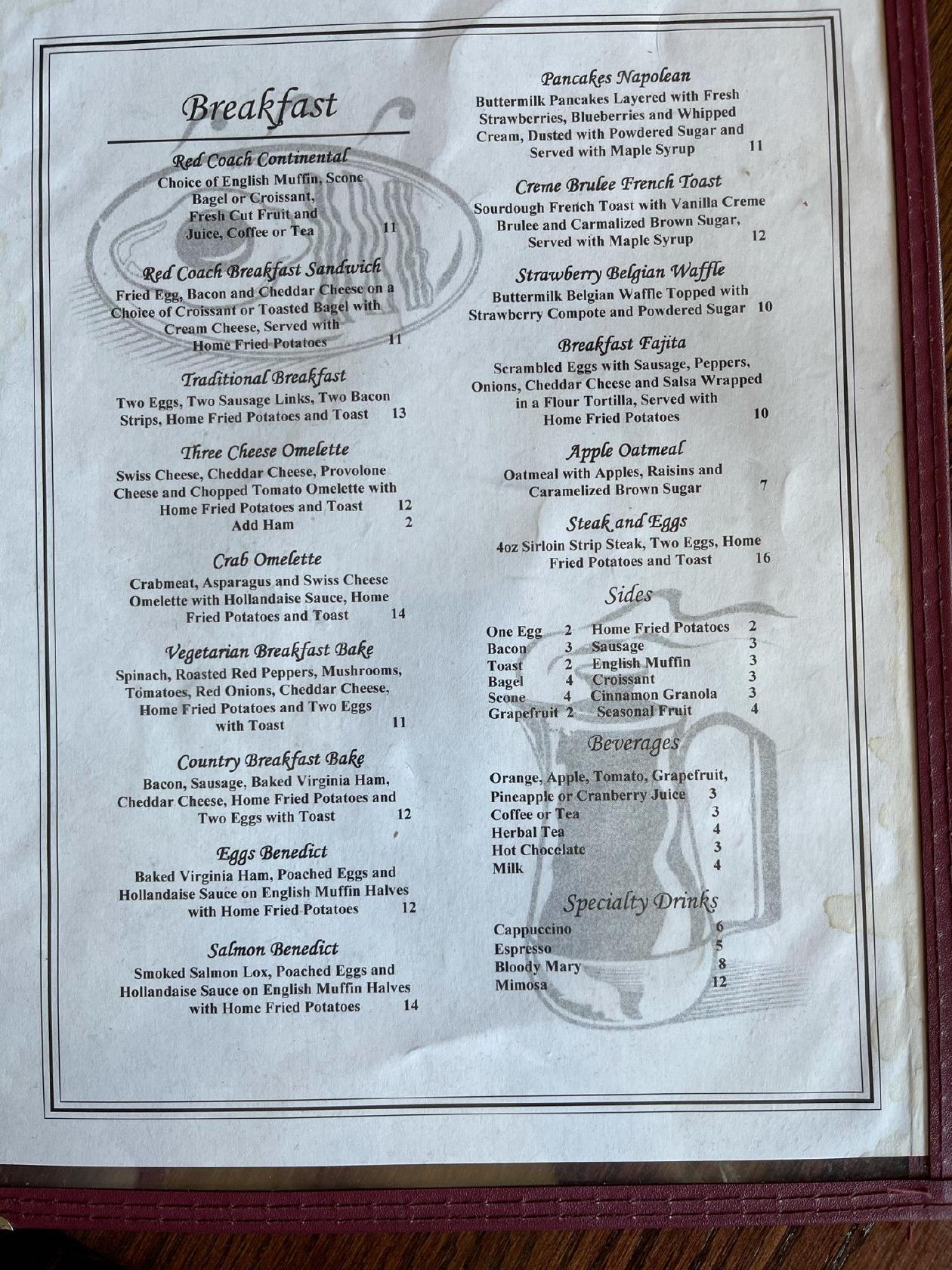 Menu at Red Coach Inn restaurant, Niagara Falls