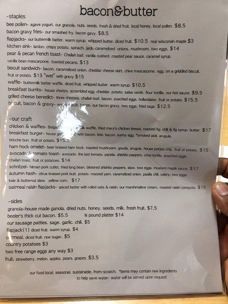 Menu at Bacon & Butter restaurant, Sacramento, Broadway