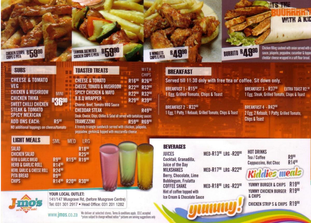 Menu at Jmos Musgrave restaurant, Berea, Durban