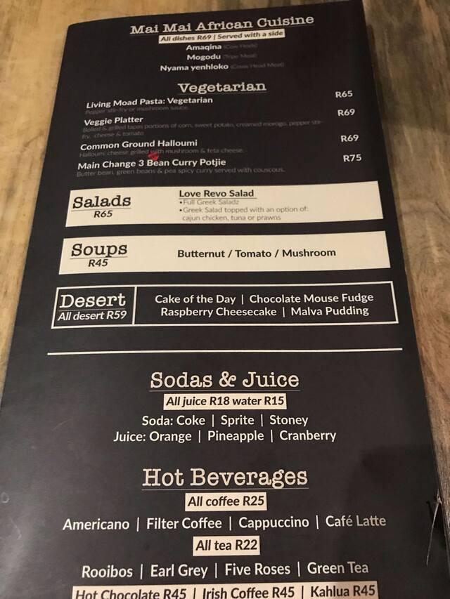 Menu at Love Revo Maboneng cafe, Johannesburg