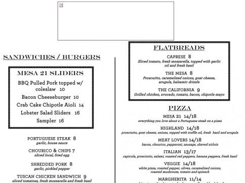 Menu at Mesa 21 pizzeria, Fall River