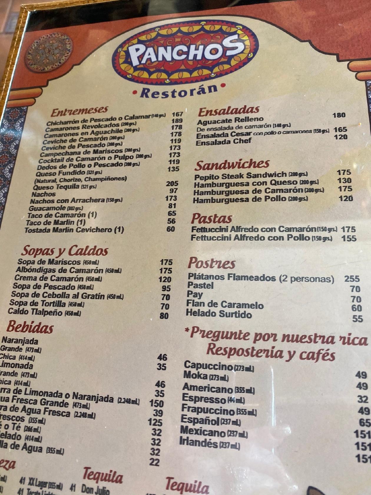 Menu at Pancho's Restaurant, Mazatlán, Av. Gaviotas 408