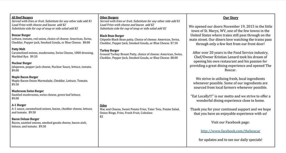 Menu at The Boxcar of Saint Marys restaurant, Saint Marys
