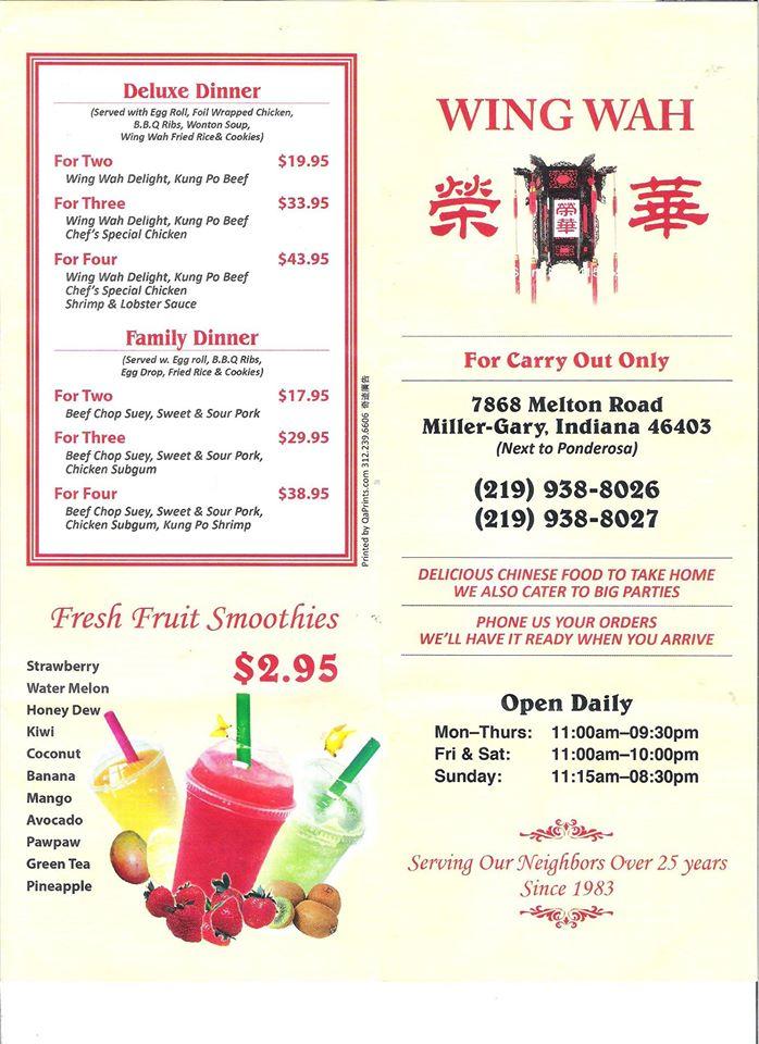 Menu at Wing Wah Restaurant, Gary