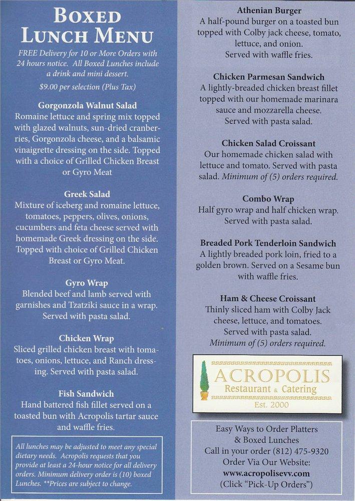 Menu at Acropolis Restaurant and Catering, Evansville