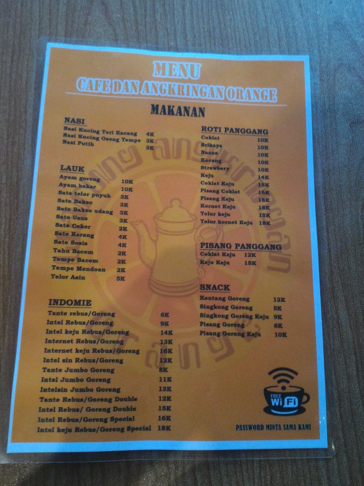 Menu at Angkringan Orange restaurant, Pekanbaru