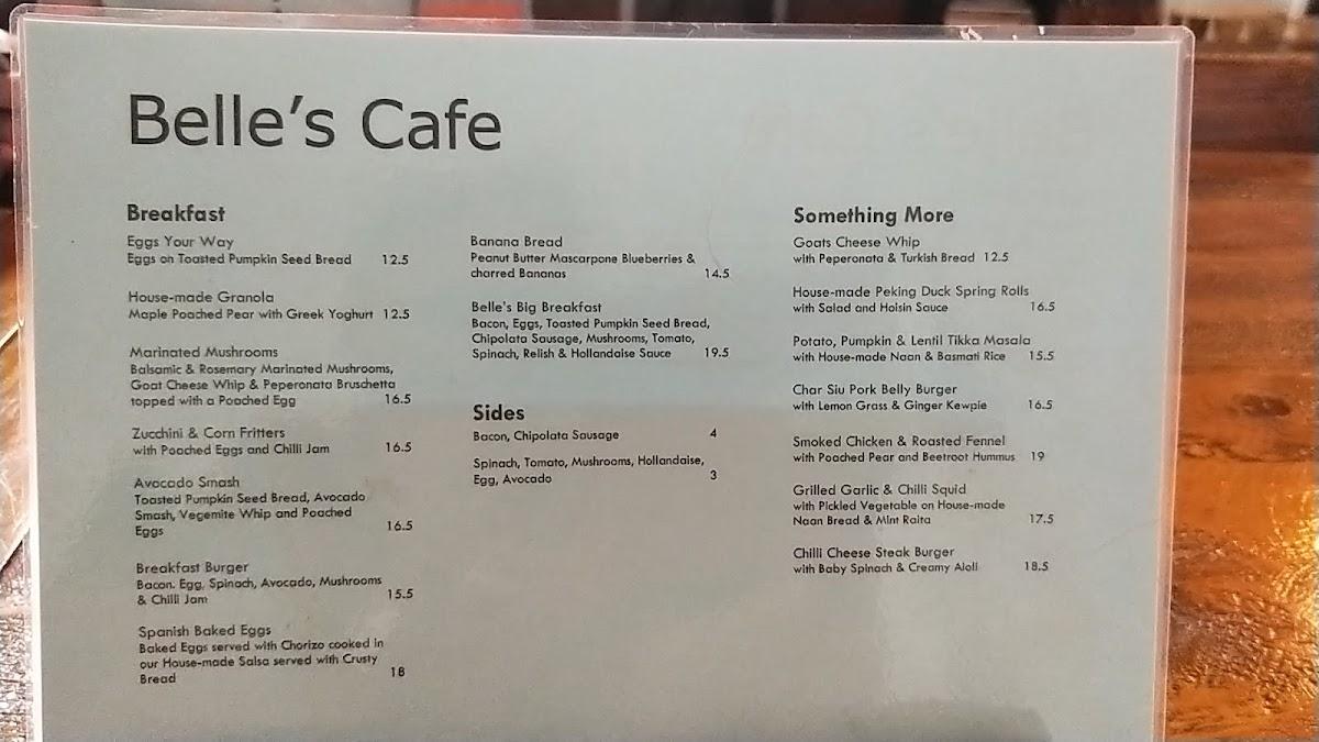 Menu at Belle's Cafe, Yarrawonga