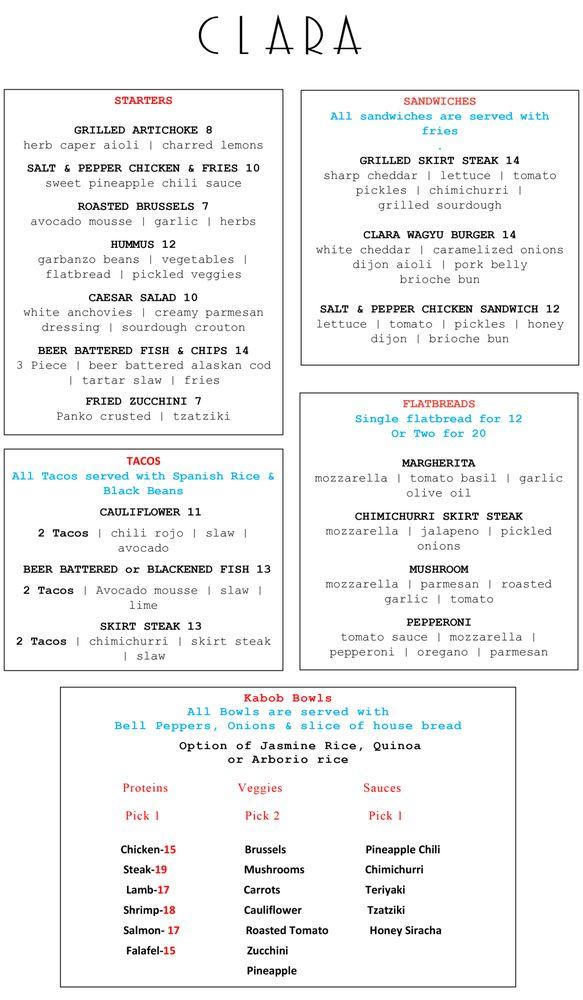 Menu at Clara Restaurant & Bar Carlsbad, Carlsbad