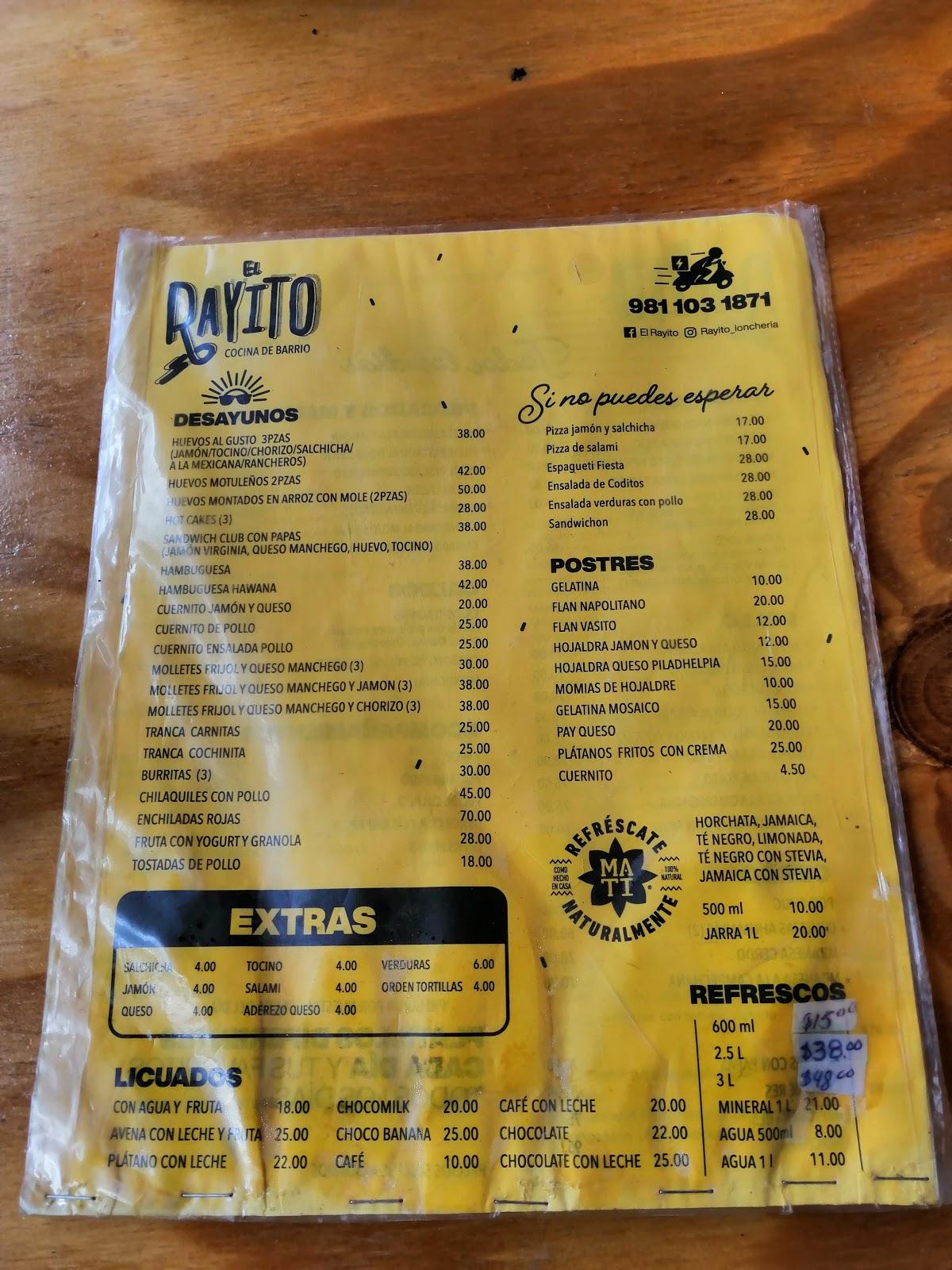 Carta del restaurante El Rayito, Loncheria, Campeche