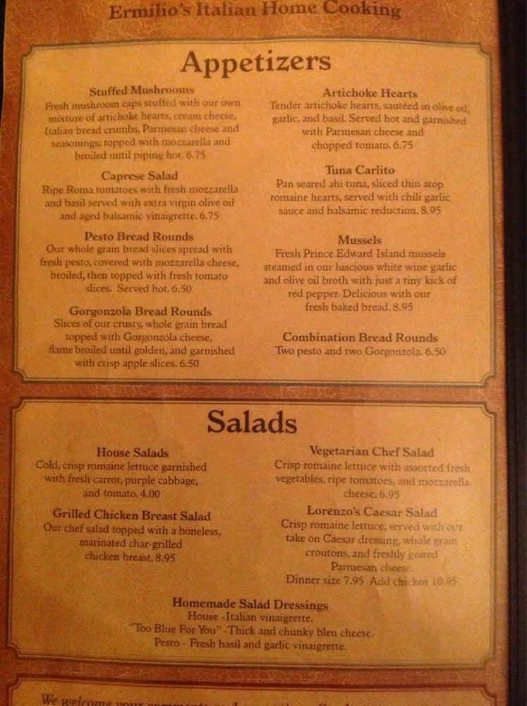 Menu at Ermilio's Italian Home Cooking restaurant, Eureka Springs