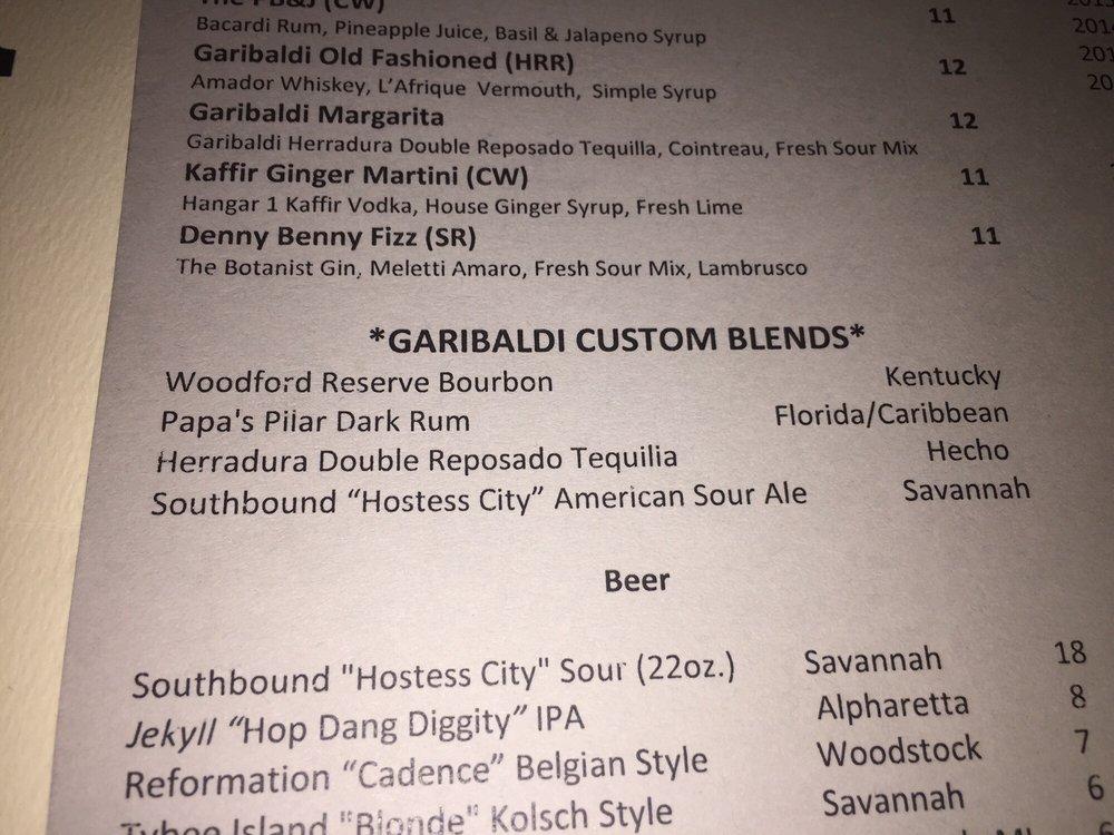 Menu at Garibaldi's Savannah cafe, Savannah