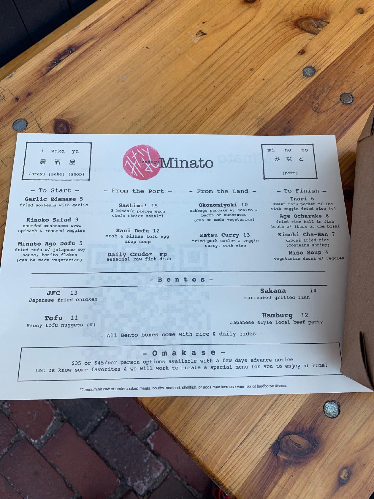 Menu at Izakaya Minato restaurant, Portland