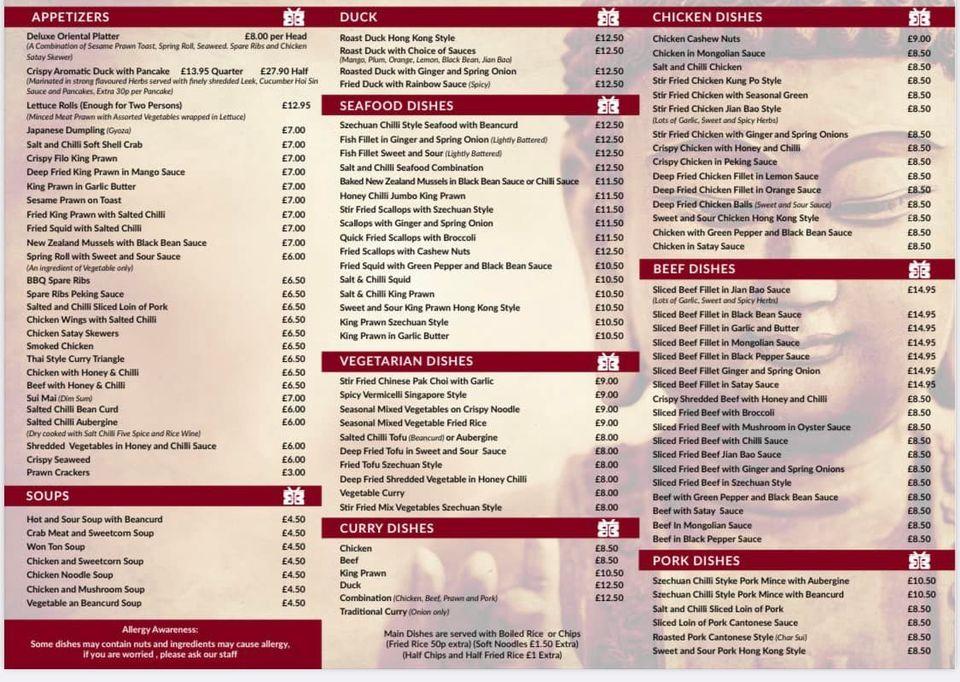 Menu at Joy Inn restaurant, Belfast