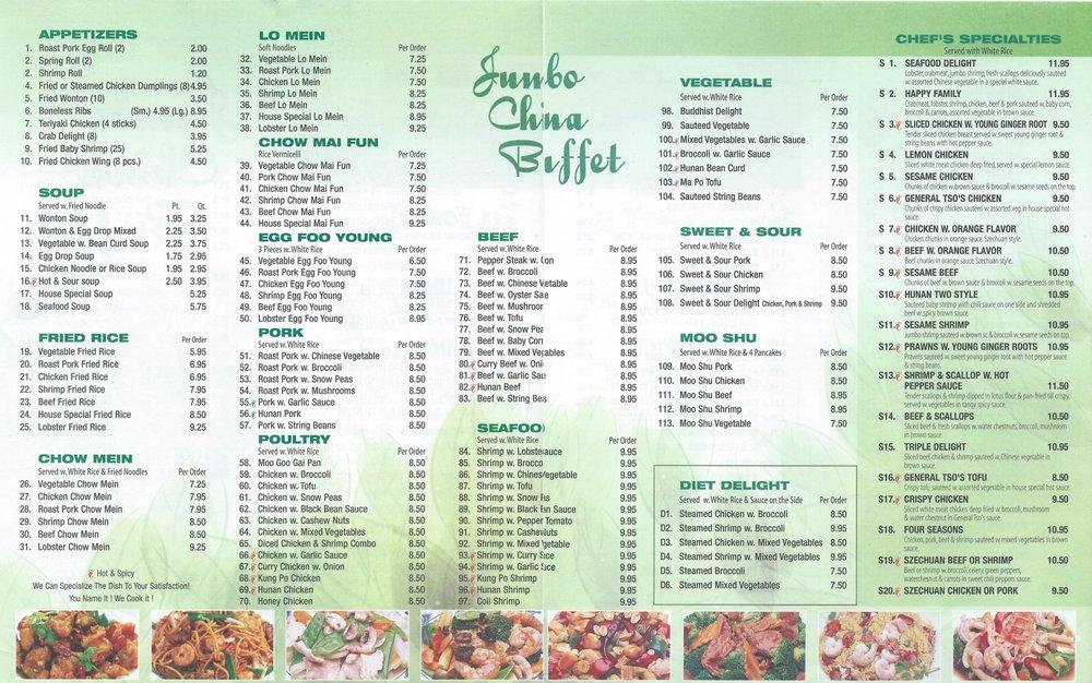 Menu at Jumbo China Buffet restaurant, Huntingdon