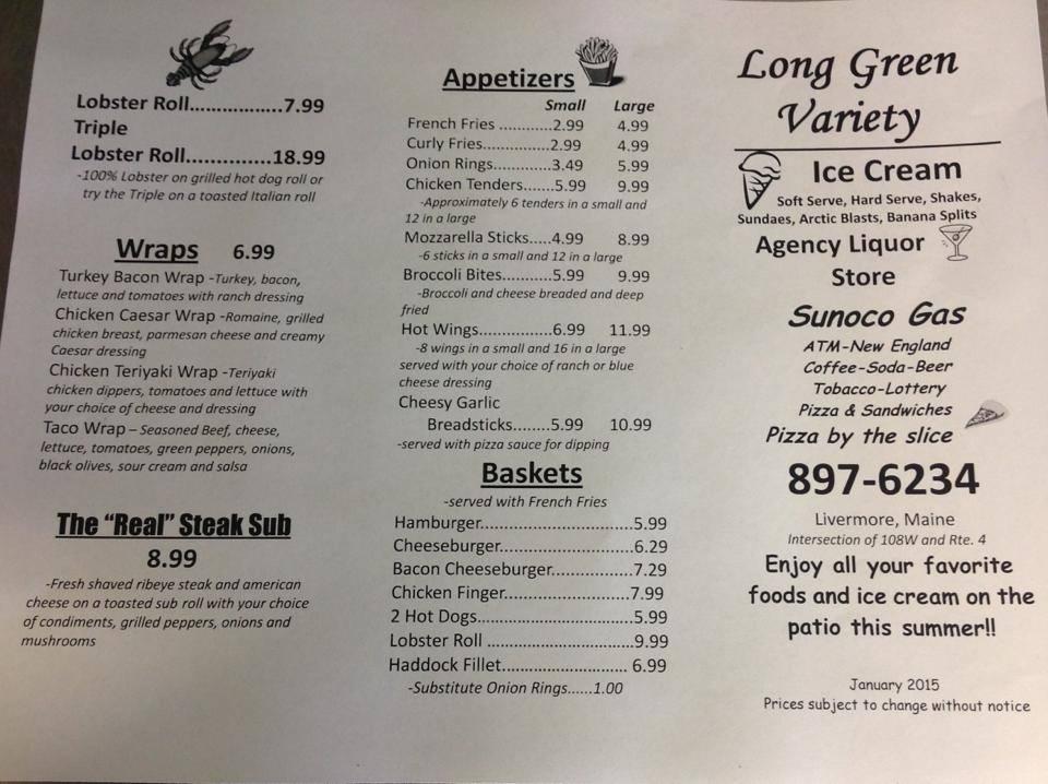 Menu at Long Green Variety, Livermore