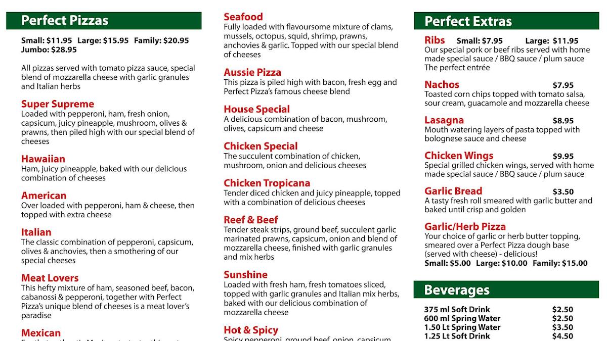 Menu at Perfect Pizza Raceview pizzeria, Raceview
