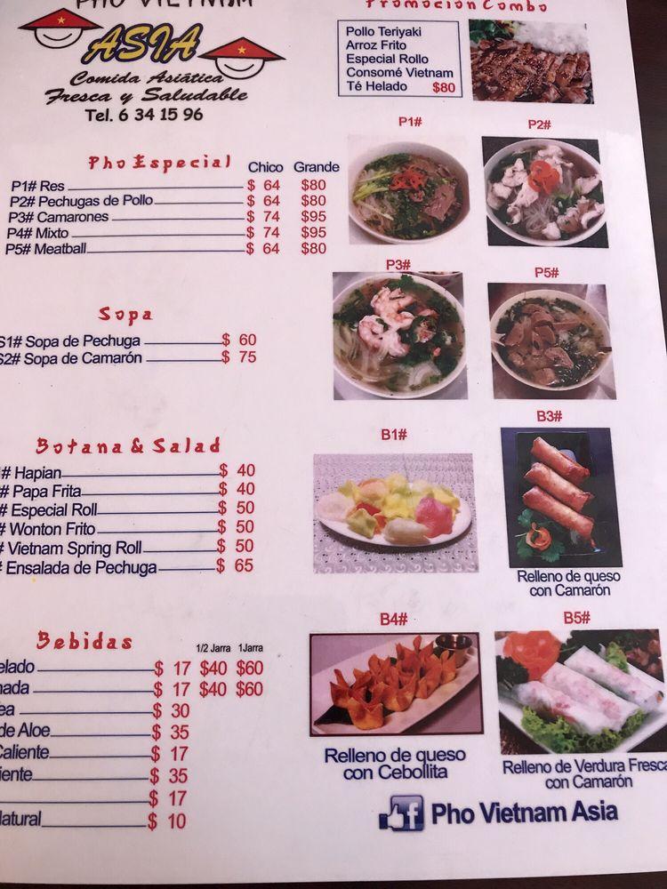 Menu at Pho Vietnam Asia restaurant, Tijuana