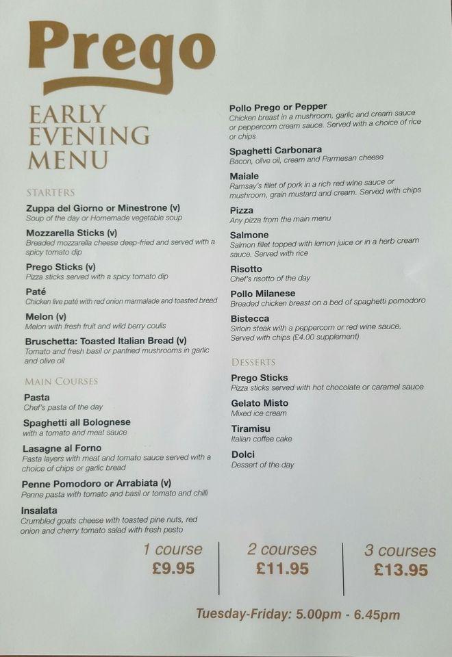 Menu at Prego restaurant, Lanark