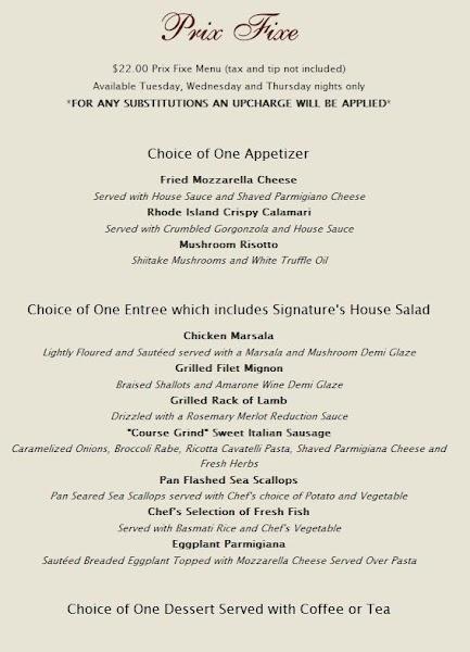 Menu at Signatures restaurant, Waterbury