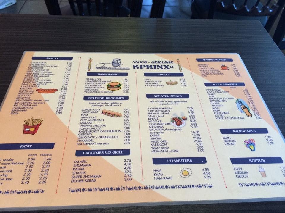Menu at Snackbar Sphinx, Amsterdam