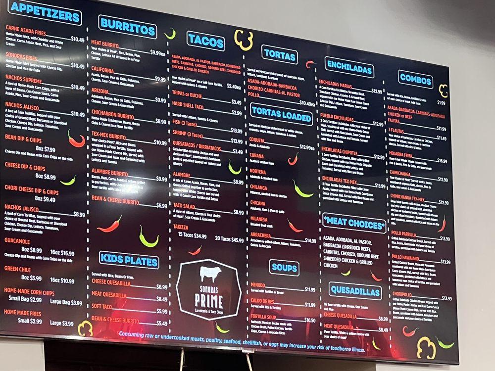 Menu at Sonora's Prime Carniceria & Taco Shop restaurant, Colorado Springs