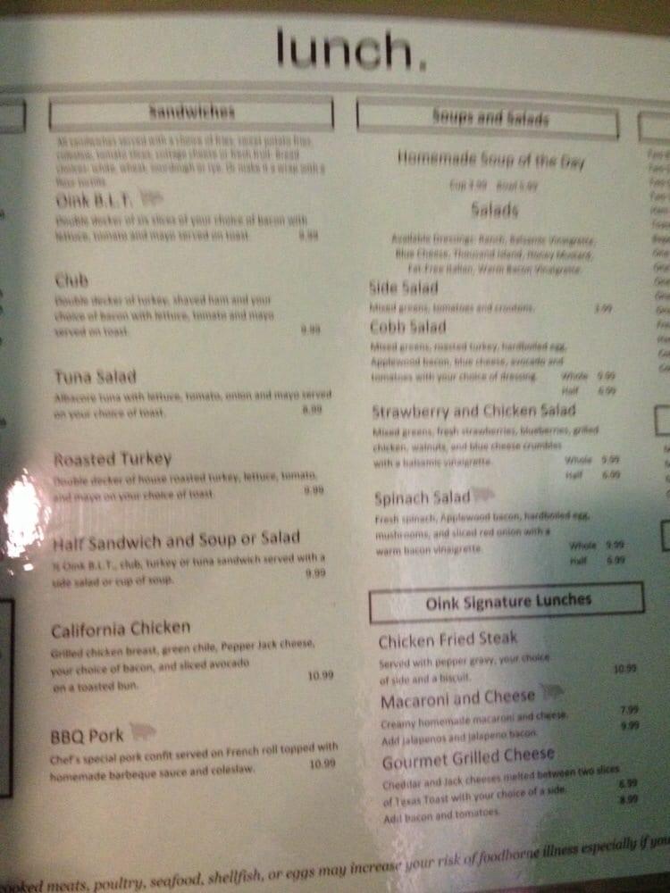 Menu at The Oink Cafe, Tucson
