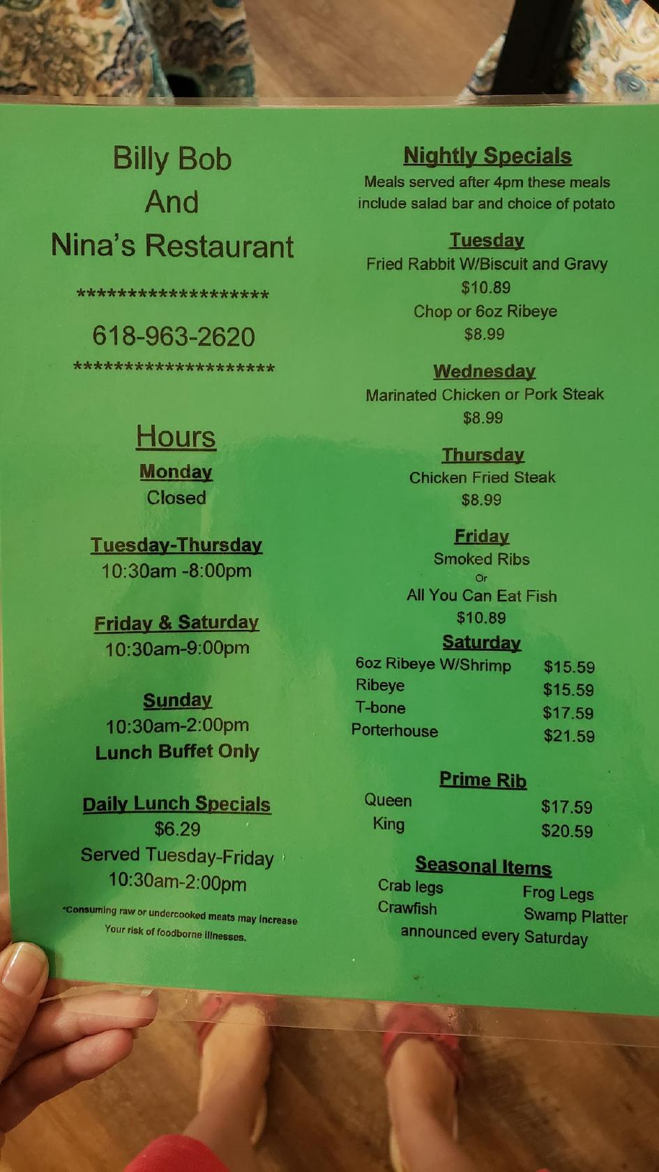 Menu at Billy Bob And Ninas restaurant, Enfield