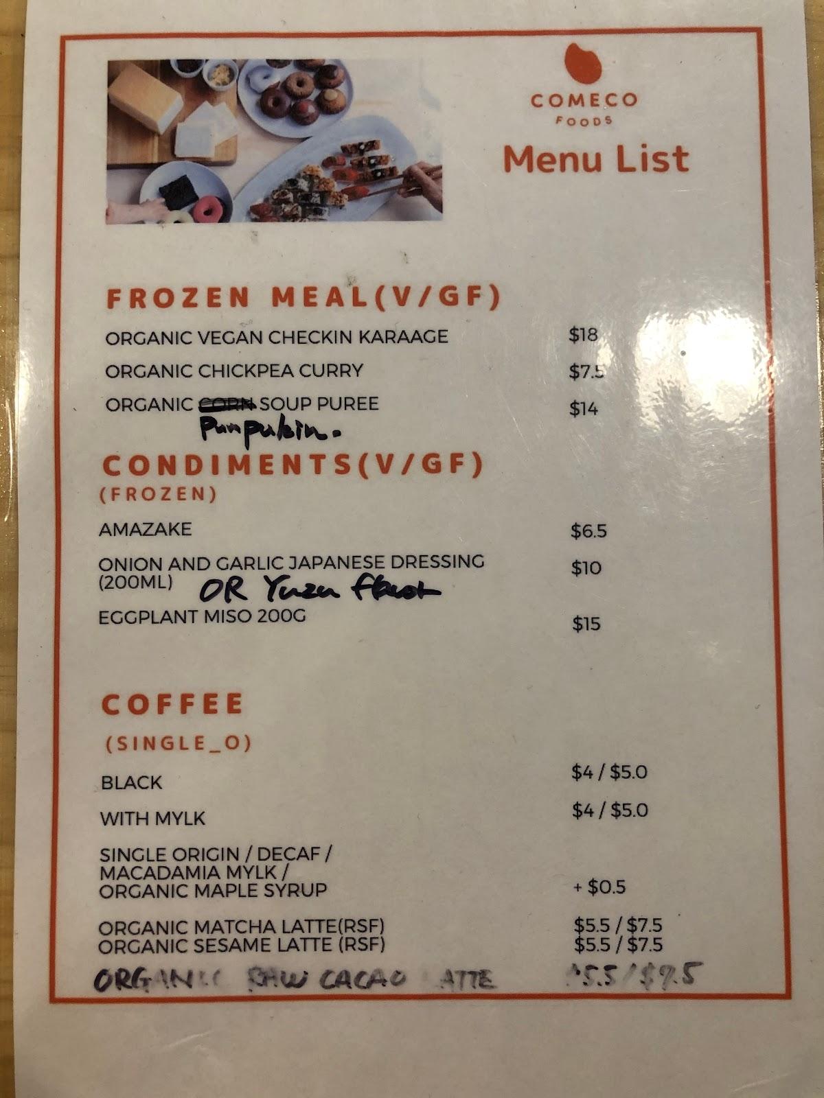 Menu at Comeco Foods Cafe, Newtown